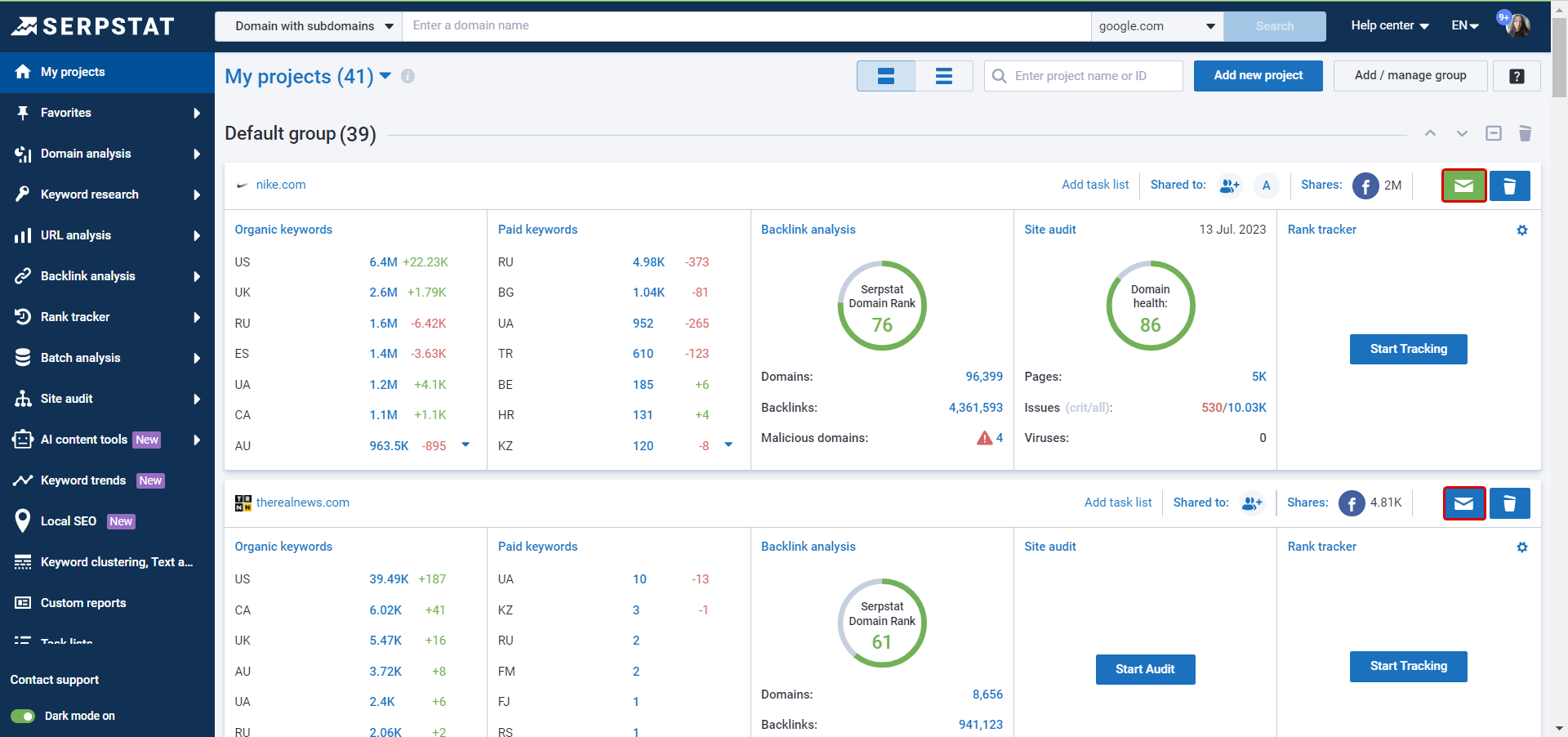My projects — Serpstat tutorial